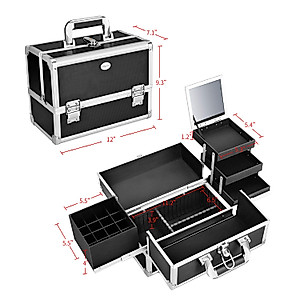 Joligrace Makeup Train Case Organizer Box Professional Multi-Purpose Cosmetic Storage with Sliding Trays, Polish Slots & Mirror, Portable Lockable with Keys, Large Black