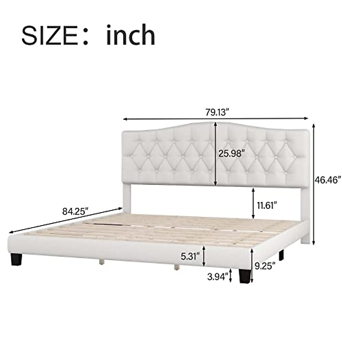 King Size Linen Upholstered Platform Bed Frame with Tufted Headboard for Boys Girls Teens Adults, Noise Free, No Box Spring Needed, Under Bed Storage (King)