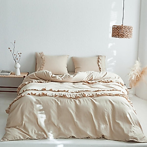 Simple&Opulence Ruffled Linen Duvet Cover Set 3Pcs with Vintage Shabby Chic Multiple Frills (1 Comforter Cover & 2 Pillowcases) Natural Flax Cotton Blended Luxury Bedding - Linen, Queen Size