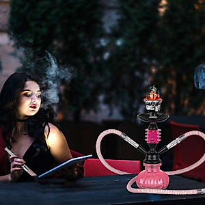 11'' 2 Hose Hookah Set With Everything - Mini Glass Pumpkin Vase, 50 Hookah Tips, 50 Hookah Foil (Pink)