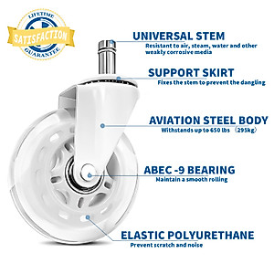 Office Chair Wheels Replacement,(Set of 5) 3'' Rollerblade Wheels Smooth Rolling Heavy Duty Casters Safe for All Floors Including Hardwood - Universal Stem 7/16 Inch, White