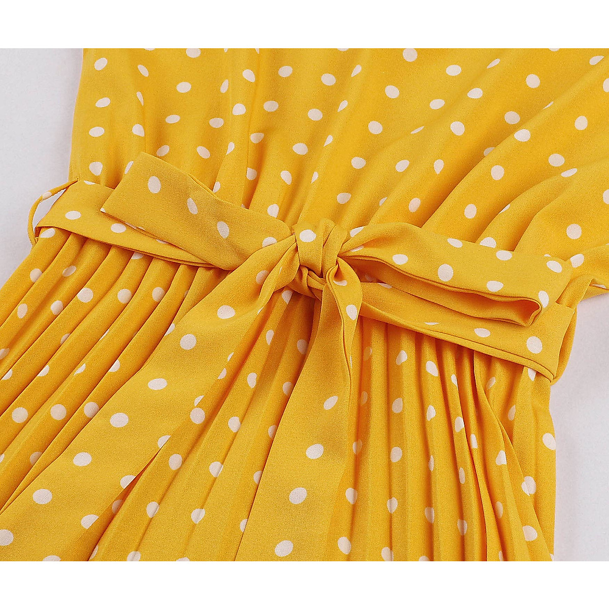 Wellwits Women's Cap Sleeves Pleated 40s 50s Vintage Dress Yellow Polka Dots L