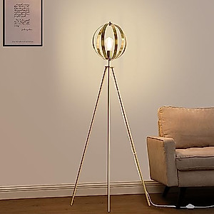 JUNNAI Gold Tripod Floor Lamp: Elegant Tall Lamp with Brass Rotating Cage Shade & E26 Lamp Base | Modern Standing Lamp for Living Room, Bedroom, Office
