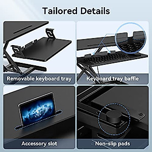 Standing Desk Converter, 35’’ W Height Adjustable Desk Riser w/ Detachable Keyboard Tray, Gas Spring , Fits Dual Monitors, Stand up Desk Riser for Standing or Sitting, Ideal for Home Office, Black