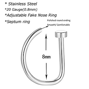 D Shaped Fake Nose Ring Hoops Set, Silver Faux Nose Rings Nose Hoops, Septum Ring for Women