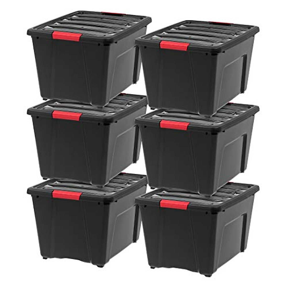 IRIS USA 53 Qt. Plastic Storage Container Bin with Secure Lid and Latching Buckles, 6 pack - Black, Durable Stackable Nestable Organizing Tote Tub Box Sports General Organization Garage Large