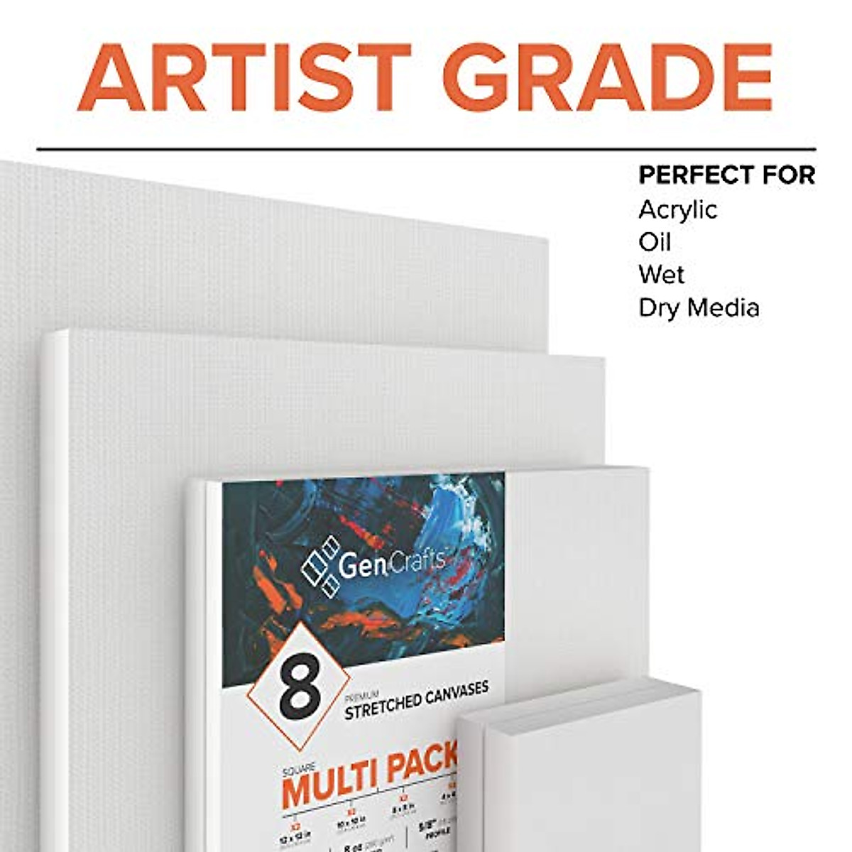 GenCrafts Stretched White Squared Canvas Multi Pack - 4x4, 8x8, 10x10, 12x12 (2 of Each) Set of 8 - Triple Primed - 100% Cotton - for Acrylic, Oil, Other Wet or Dry Art Media - Artists Grade