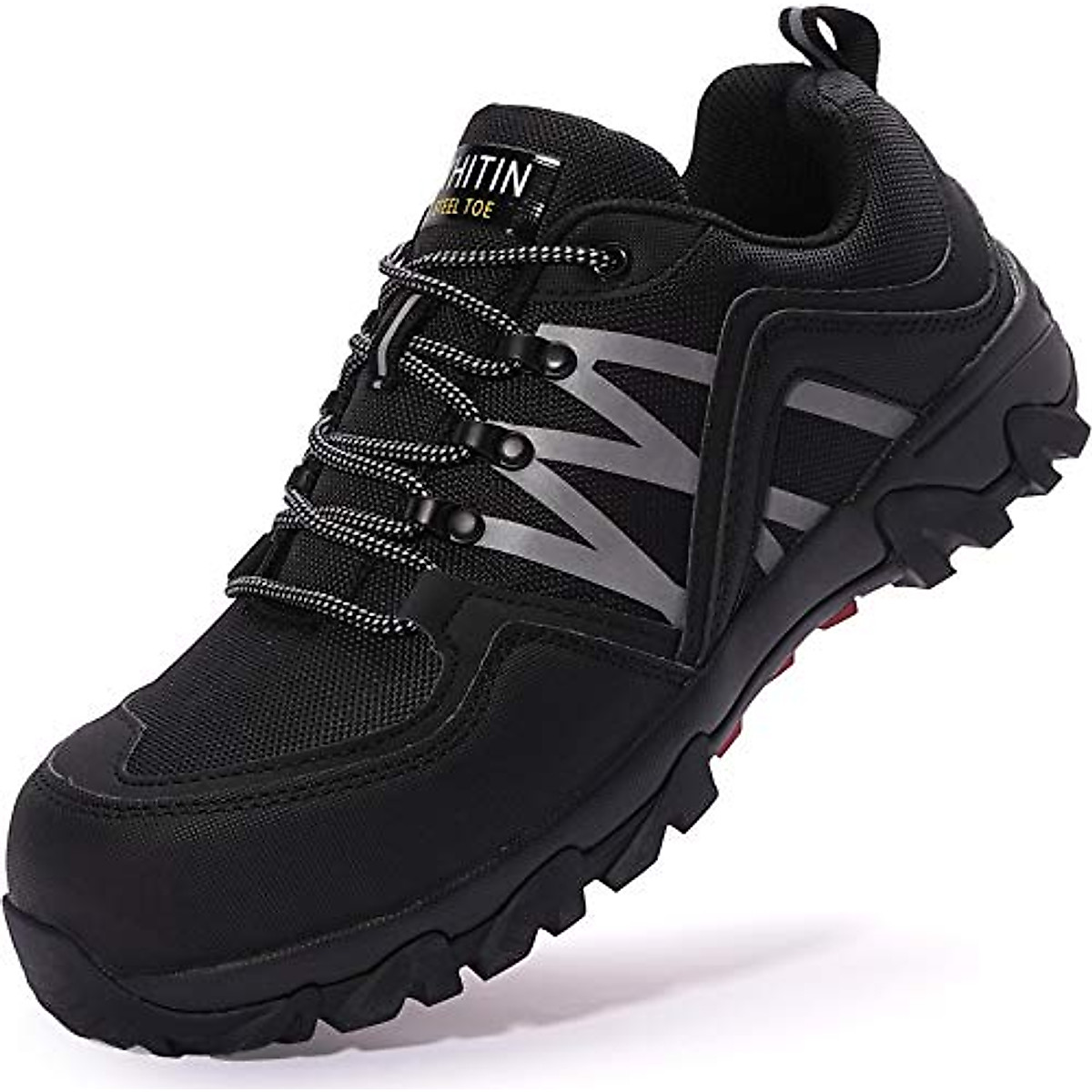 WHITIN Steel Toe Shoes Men Composite Toe Indestructible Steal Toed Steeltoe Size 12 Comfortable Fashion Lightweight Nonslip Working Footwear with Thick Sole Black