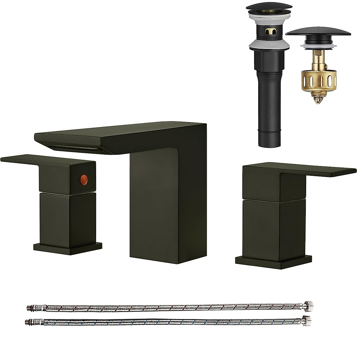 Hoimpro 3 Holes 8 Inch Widespread Bathroom Faucet, Waterfall Two Handles Bathroom Sink Faucet with Pop Up Drain, Bathroom Sink Faucet with cUPC Supply Hoses, Stainless Steel, Matte Black