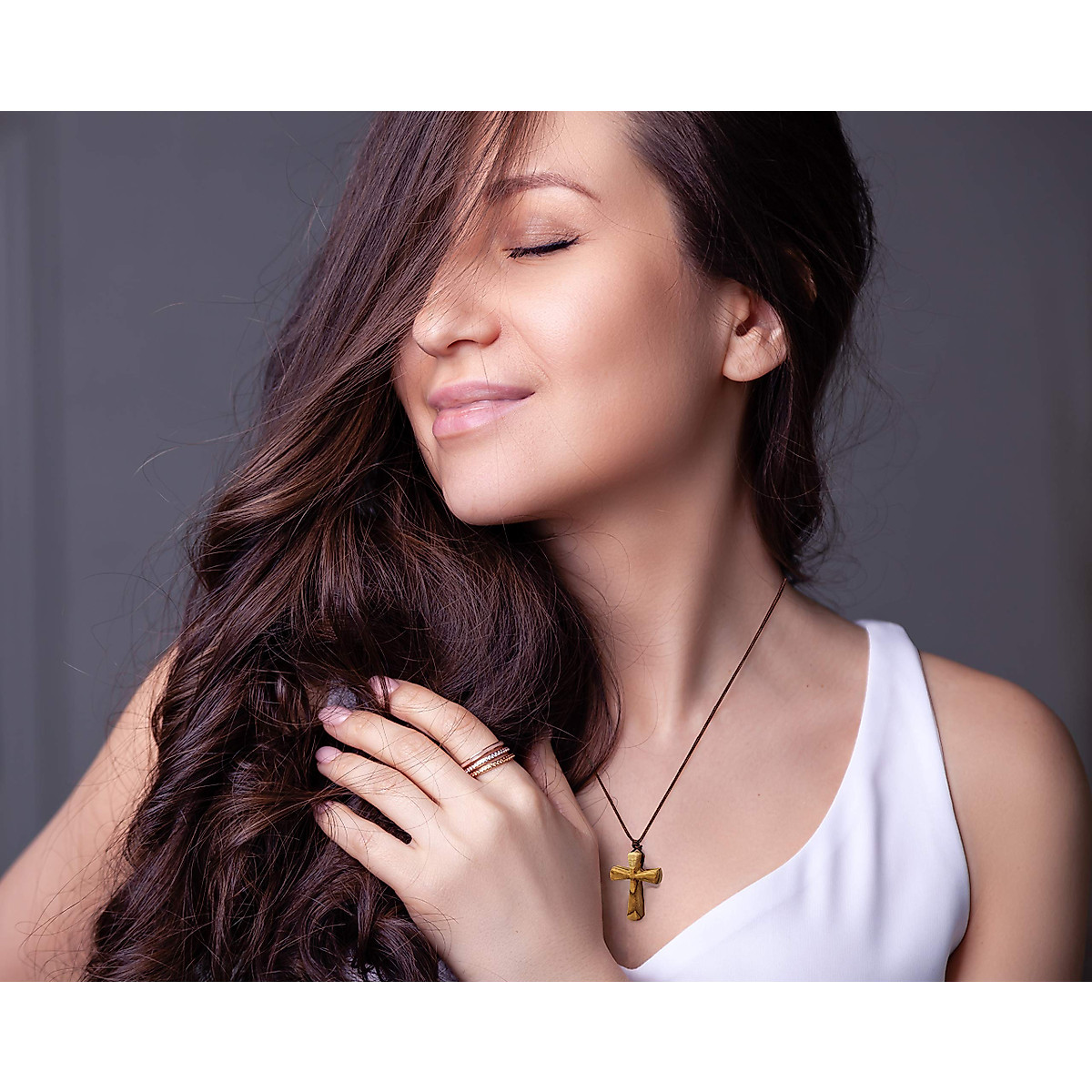 Hand Carved Tapered Wooden Cross Necklace for Men & Women on Adjustable 32" Brown Leather Cord - Wood Cross Pendant for Boys Girls Men & women