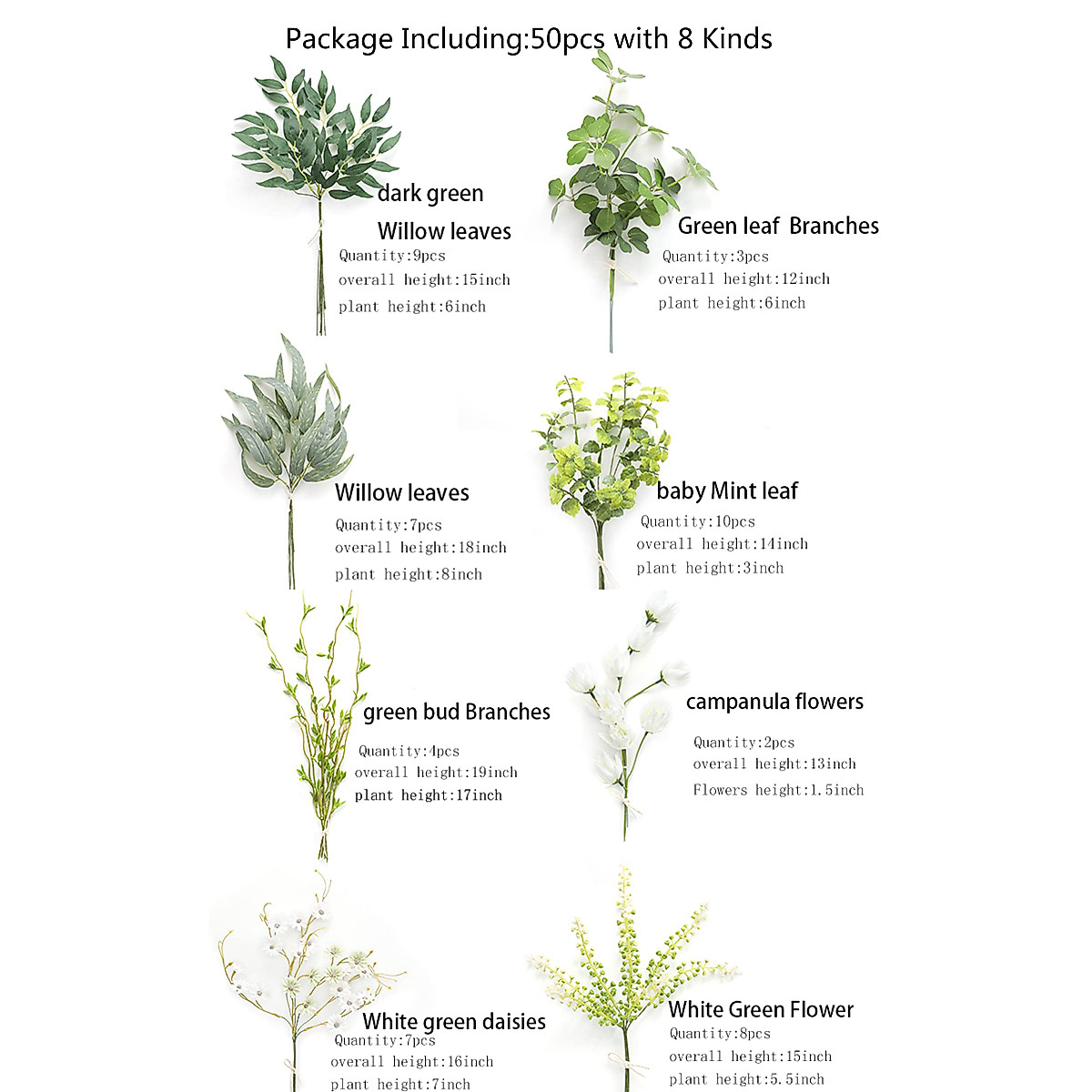 Serra Flora Artificial Greenery Spray Box Set(Pack of 50pcs) with 8 Kinds of DIY Wedding Bouquet Filler Table Centerpieces and Floral Arrangement (Spring Green)