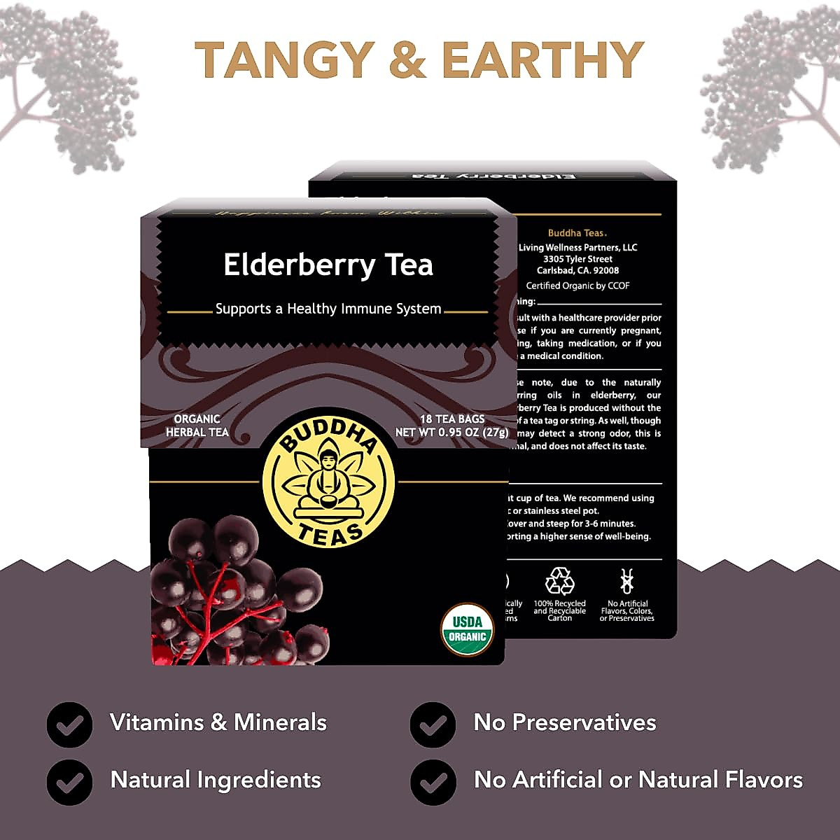 Buddha Teas - Organic Elderberry - Herbal Tea - For Health & Wellbeing - With Antioxidants & Minerals - Clean Ingredients - Caffeine Free - 100% Kosher & Non-GMO - 18 Tea Bags (Pack of 1)