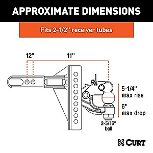 CURT 45908 Adjustable Pintle Hitch Combination, 2-1/2-Inch Receiver, 6-Inch Drop, 2-5/16-Inch Ball, 20,000 lbs, CARBIDE BLACK POWDER COAT