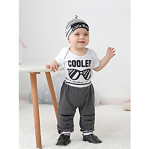 DISAUR Baby Boy Clothes Newborn Boy Outfits, Infant Short Sleeve Letter Print Romper+Long Pants+Hat 3PC Clothing Set(3M,White)
