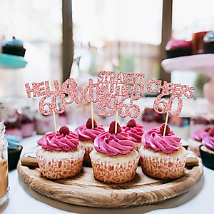 Gyufise 24 Pack Rose Gold 60th Birthday Cupcake Toppers Glitter Sixty Straight Outta 1965 Hello 60 Cupcake Pick Decorations Cheers to 60 Years Birthday Anniversary Cake Decorations Supplies