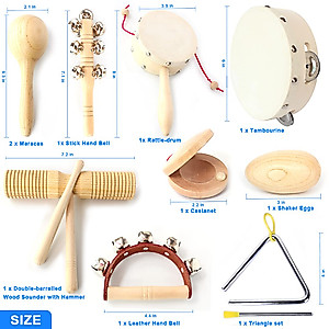 Tuoveek Wooden Musical Instruments Set,Percussion Instrument Kit for Kids Baby,Rhythm Device for Preschool Education,Family Band Include Maracas,Tambourine,Castanet,Steel Triangle,Cloth Basket