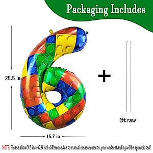 32 Inch Building Block Number 6 Balloons 6 year old Large Big Helium Foil Mylar Balloon for Girls Boys 6th Birthday Party Decoration Supplies