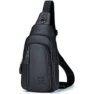 Genuine Leather Sling Bag Casual Chest Bag Travel Hiking Crossbody Shoulder Backpack Vintage Daypacks for Men&Women (Black)