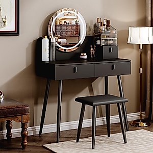 DOLILO 35" Vanity Desk with Mirror and Lights, Makeup Vanity with Lights, 3 Modes Brightness Adjustable, Vanity Mirror with Lights and Table Set with Vanity Stool 3 Sliding Drawers (Black)