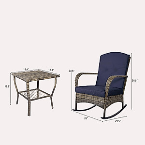 MAXPRIME 3 Pieces Outdoor Wicker Rocking Chairs, Patio Rocking Chairs Set of 2 with Cushions, 3 Piece Patio Set, Outdoor Patio Furniture for Porch, Backyard, Bistro, Blue