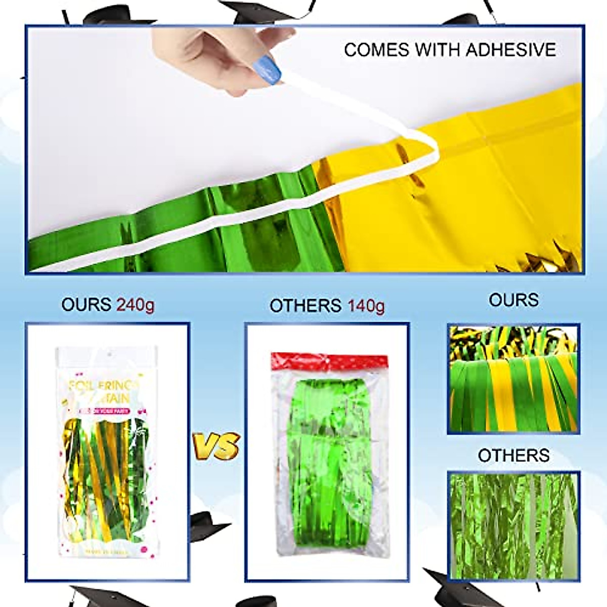 LOLStar 2 Pack Green and Gold Graduation Party Decoration 2023, 3.2x6.6 ft Foil Fringe Curtains, Tinsel Backdrop, Graduation Photo Booth Prop Streamer Backdrop for High School College University Party