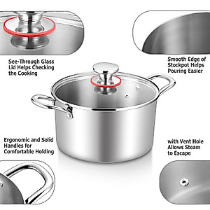 TeamFar 6 Quart Stock Pot, Stainless Steel Tri-Ply Cooking Pasta Pot with Tempered Glass Lid for Induction/Electric/Gas/Ceramic, Healthy & Sturdy, Double Riveted Handles & Dishwasher Safe