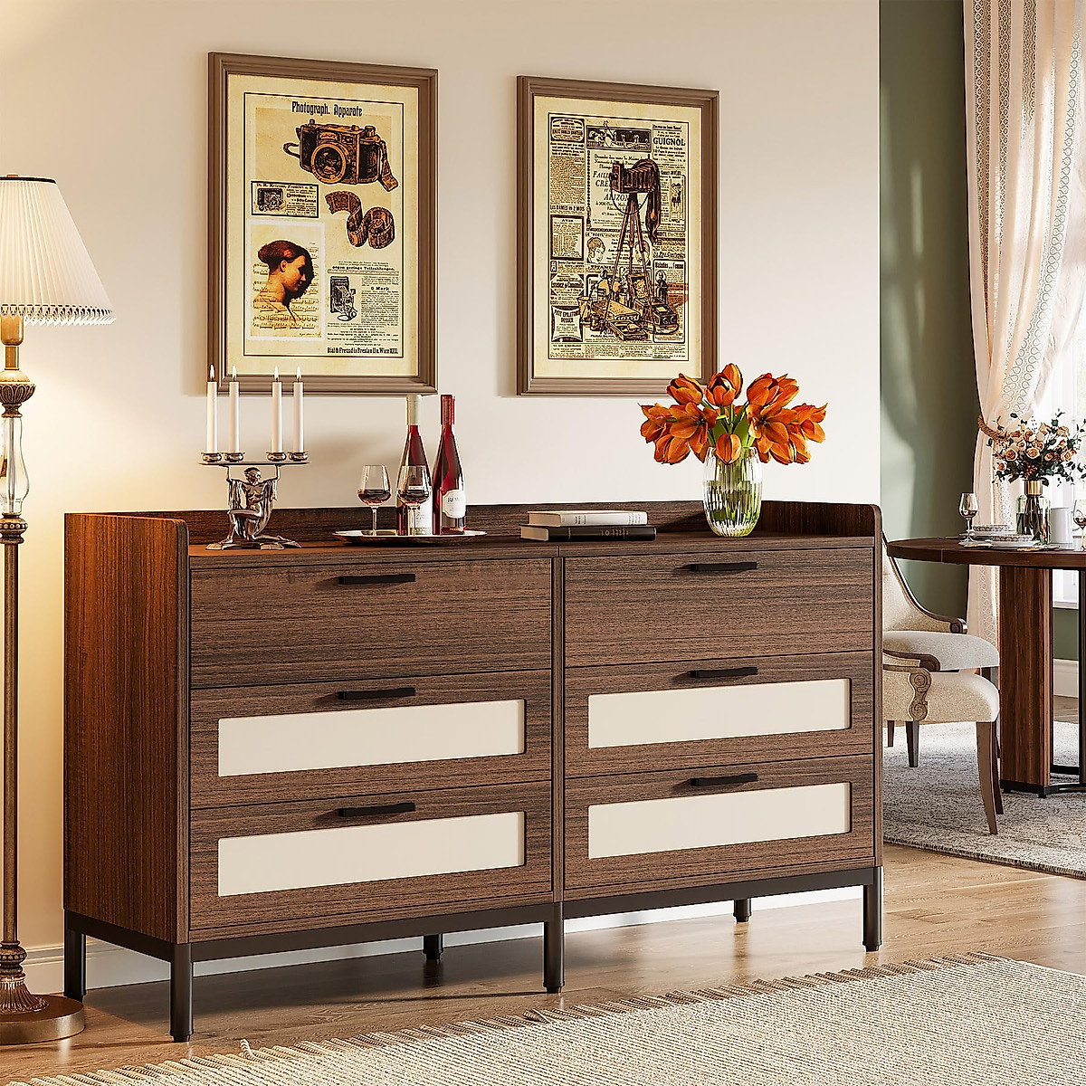 Tribesigns 6-Drawer Dresser for Bedroom, 55" Mid-Century Rustic Chest of Drawers, Wide Wood Storage Long Double Dresser Organizer for Nursery Bedroom Living Room Closet, Dark Brown