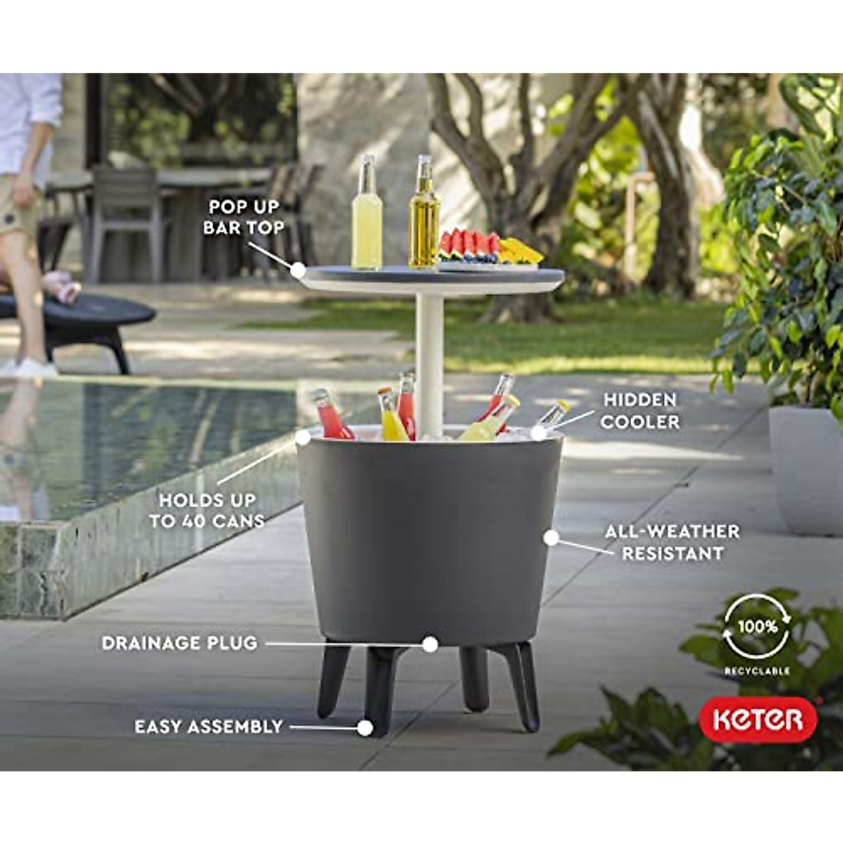 Keter Modern Cool Bar Outdoor Patio Furniture and Hot Tub Side Table with 7.5 Gallon Beer and Wine Cooler, Grey