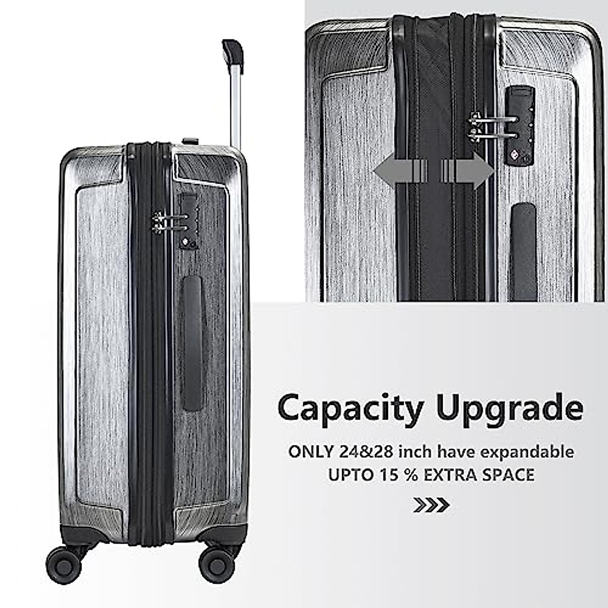 TydeCkare Luggage Set 3 Piece 20/24/28, 20" carry on with Front Pocket & 24/28" with Expandable, ABS+PC Suitcase with 4 Silent Wheels, TSA, YKK, Silver Grey