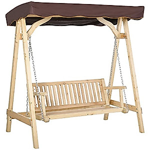 Outsunny Wooden Porch Swing Bench, 2-Seater Outdoor Swing Glider with Adjustable Canopy, Adjustable Hanging Chains, A-Frame, for Garden, Poolside, Backyard, Brown