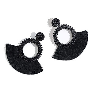 D.Rosse Handmade Bohemian Tassel Crystal Statement Drop Dangle Earrings for Women Hoop Fringe Lightweight Ear Jewelry Summer Accessories (Black)