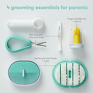 Frida Baby Grooming Kit | Baby Essentials Gift Set Includes Finger Brush with Storage Stand, Hair Brush with Case, Styling Hair Comb, Easy Grip Nail Scissors with Nail File and Case