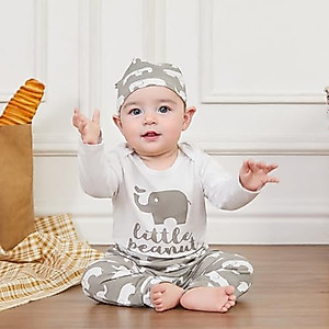 Rarjuiey 3Pcs Newborn Baby Boy Girl Elephant Outfits Long Sleeve Little Peanut Romper Bodysuit+Pants+Hat