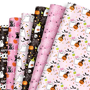 Whaline 12 Sheets Pink Halloween Wrapping Paper - Not Roll - Pink Black Ghost Gift Wrap Paper Pumpkin Cat Folded Flat Cute DIY Art Craft Paper for Halloween Party Decor Supplies, 19.7 x 27.6 Inch