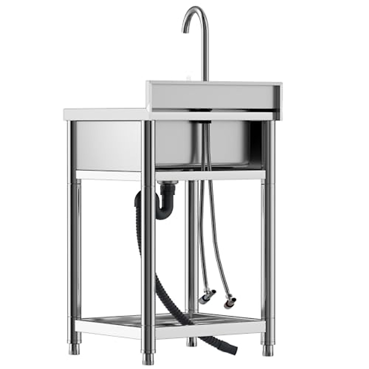 Stainless Steel Utility Sink, Free Standing Single Bowl Kitchen Sink with Cold and Hot Water Faucet, Commercial Sink for Restaurant Bar Cafe and Hotel, Indoor and Outdoor Sink, 21.7 in