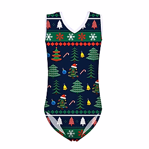 FKELYI Christmas Leotards Ballet Dancewear Xmas Tree Print Athletic Gymnastics Practice Performance Outfit One-Piece Swimsuit 9-10Y