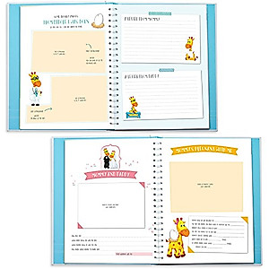 KiddosArt Baby Memory Book. Record Memories and Milestones of The First 5 Years On 72 Beautifully Drawn Pages Starring Lilly The Giraffe Blue. 12 Monthly Stickers Included.
