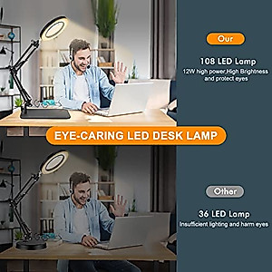Magnifying Glass with Light and Stand, EOOKU 2-in-1 Magnifying Lamp & Clamp, 5X & 10X Magnifier 3 Color Modes Stepless Dimmable, Adjustable Swing Arm for Repair Crafts Soldering