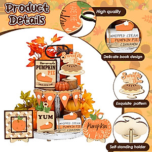 Tradder 14 Pcs Fall Tiered Tray Decorations Tiered Tray Decor Set Rustic Table Thanksgiving Decorative Trays Wooden Pie Autumn Pumpkin Tiered Tray for Farmhouse Home Kitchen Autumn Thanksgiving