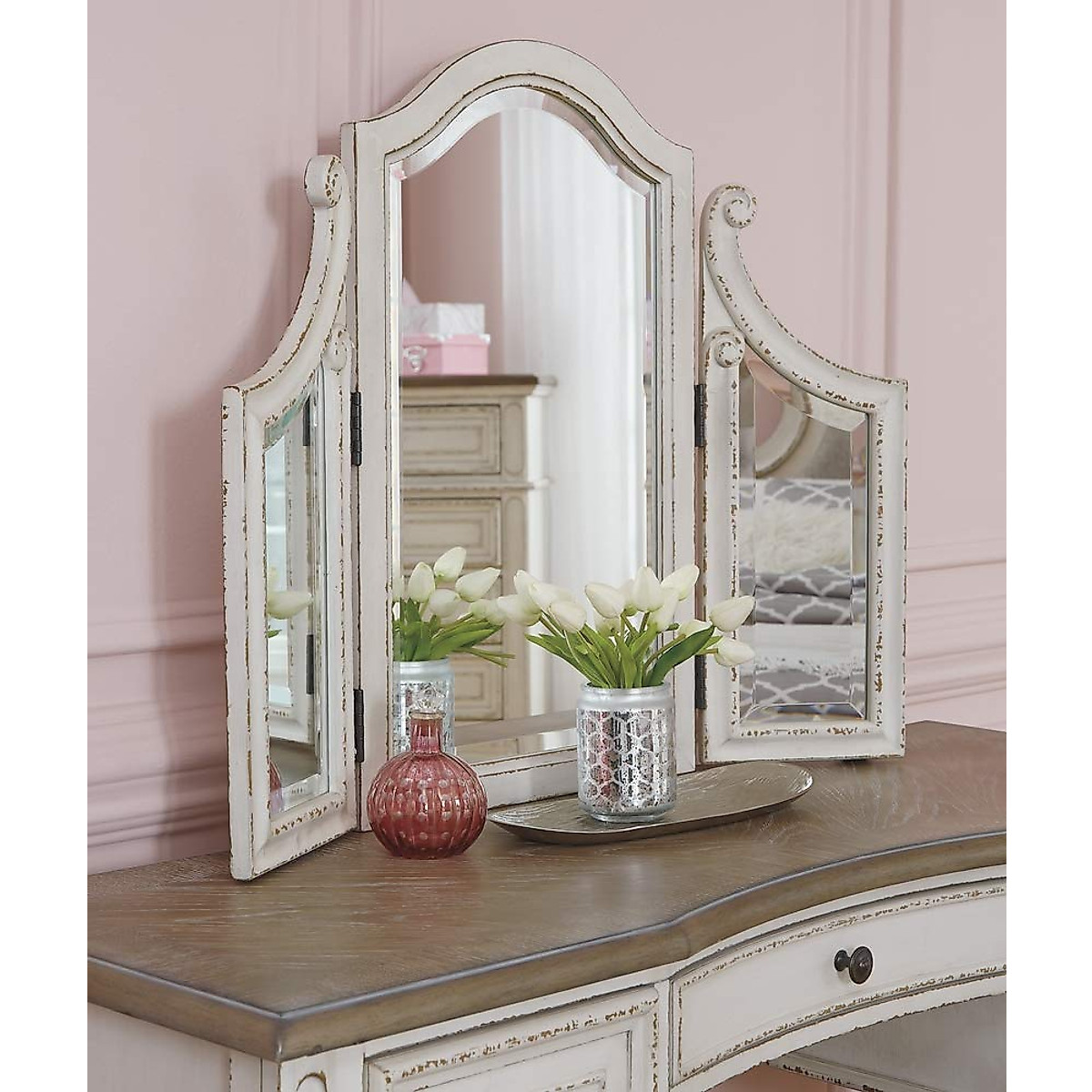 Signature Design by Ashley Realyn Traditional Cottage 3 Drawer Vanity Set with Dovetail Construction, Mirror & Stool Included, Chipped White, Distressed Brown