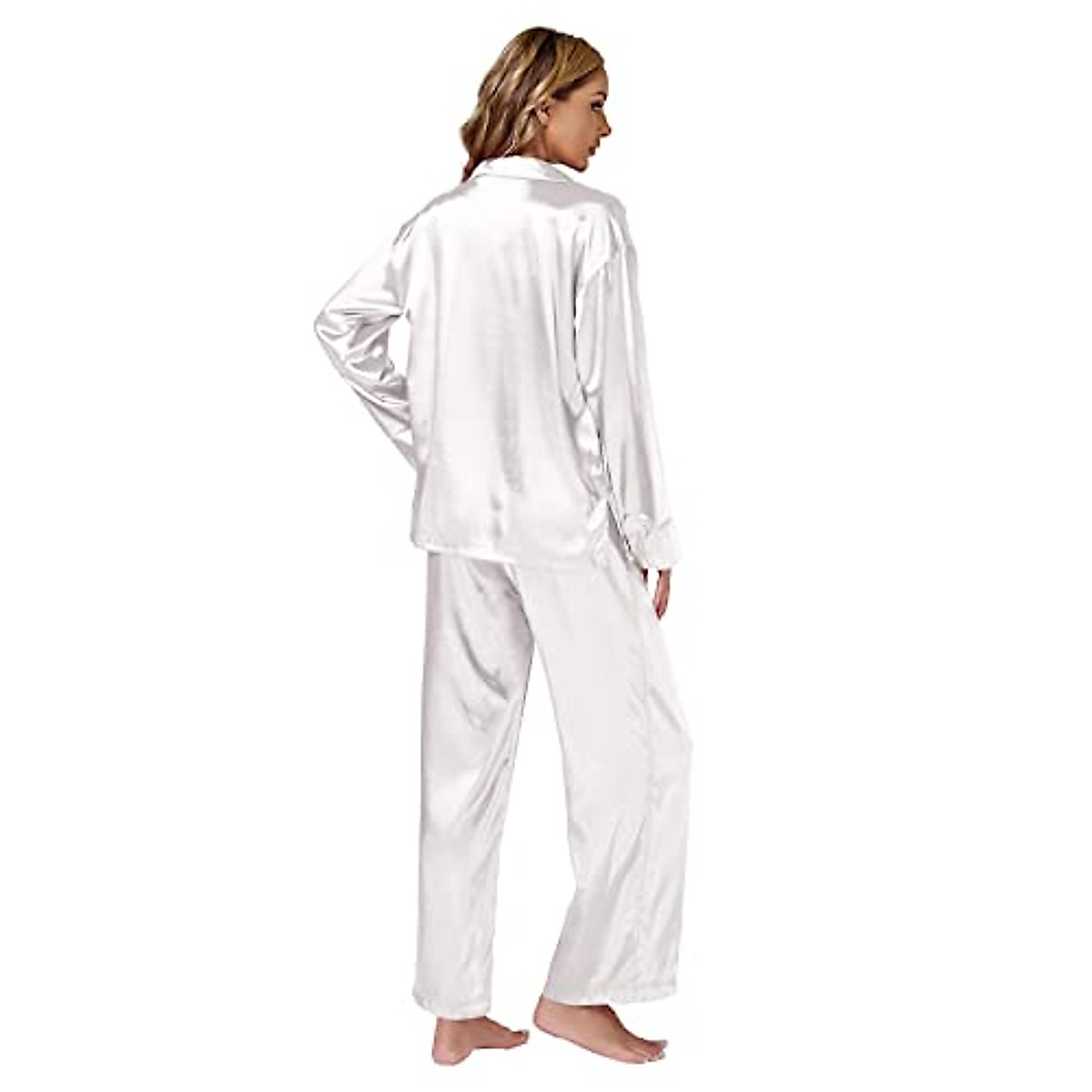 LYANER Women's Satin Silky Pajama Set Long Sleeeve Top With Long Pants Set PJ Loungewear White Small
