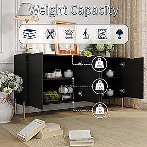 Clihome Storage Cabinet with 4 Doors，63 Inch Monden Accent Cabinet with Adjustable Shelf，Free-Standing Sideboard with Gold Legs for Hallway, Living Room, Black