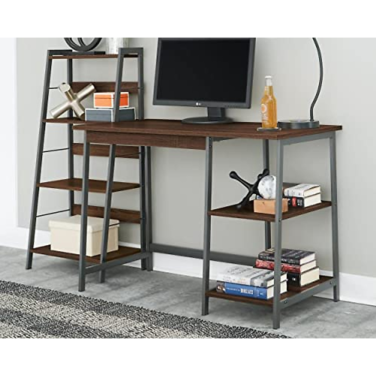 Signature Design by Ashley Soho Urban Industrial 43" Home Office Desk with 4 Shelf Bookcase, Dark Brown