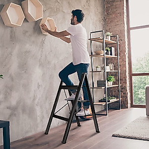 Comft 3 Step Ladder, Aluminum Sturdy Lightweight, Widened Pedal, Non-Slip Foot Pad, Multi-Functional Foldable Space Saving for Home and Kitchen (330LB) (Black)