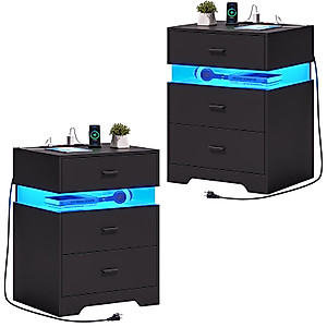 Hasuit Black Night Stand Set of 2 with LED Lights and Charging Station, Modern Nightstand with 3 Drawers, Bedside Tables/End Table for Bedroom