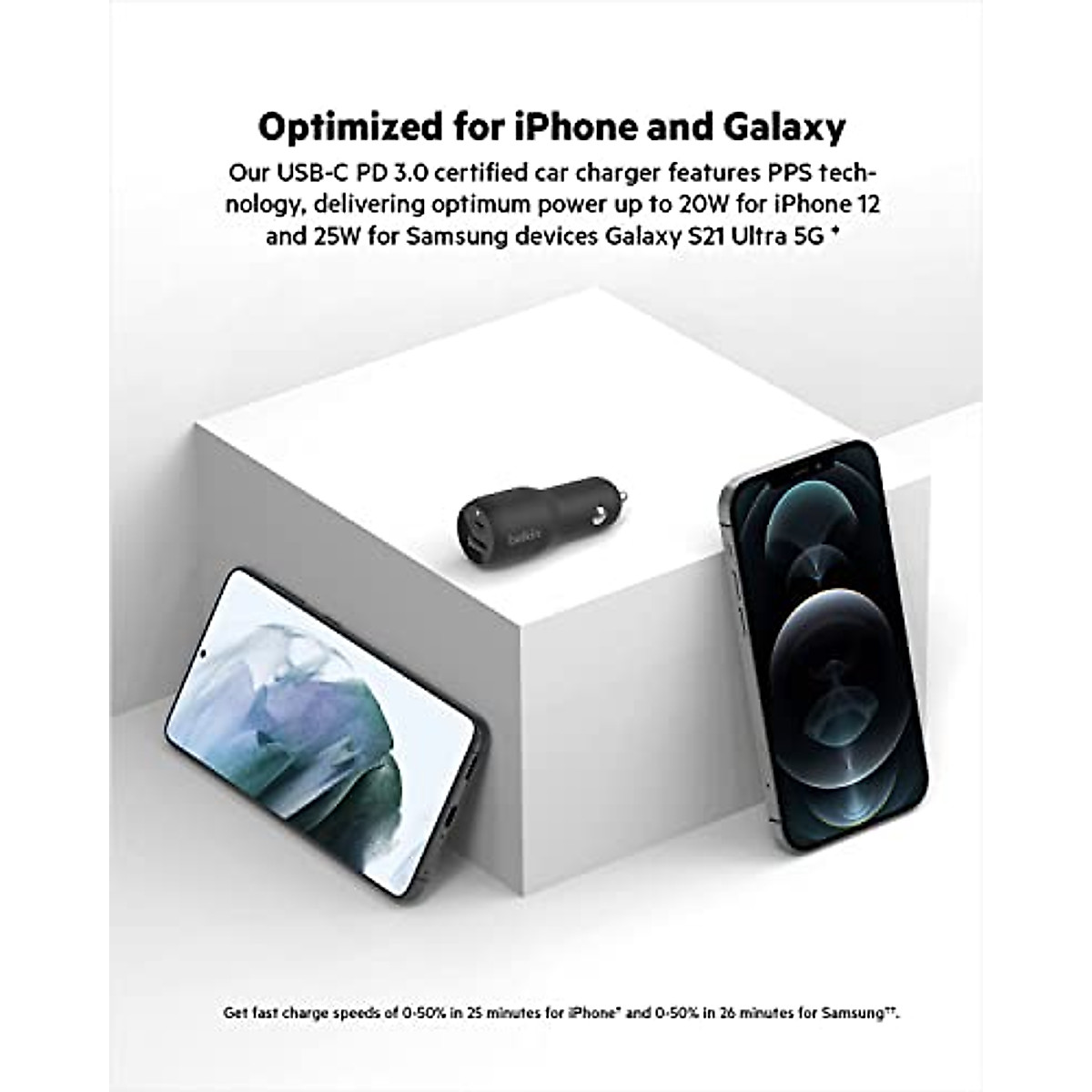 Belkin 37 Watt Dual USB Car Charger - Power Delivery 25W USB C Port & 12W USB A Port for PPS Charging Apple iPhone 14, 14 Pro, 14 Pro Max, iPhone 13, Samsung Galaxy, AirPods & More