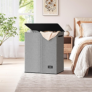 SOLEDI Luxury Double Laundry Hamper with Lid and Handle, Laundry Basket 2 Section with Removable bag, Collapsible Dirty Clothes Hampers for Laundry, Bedroom, Dorm, College