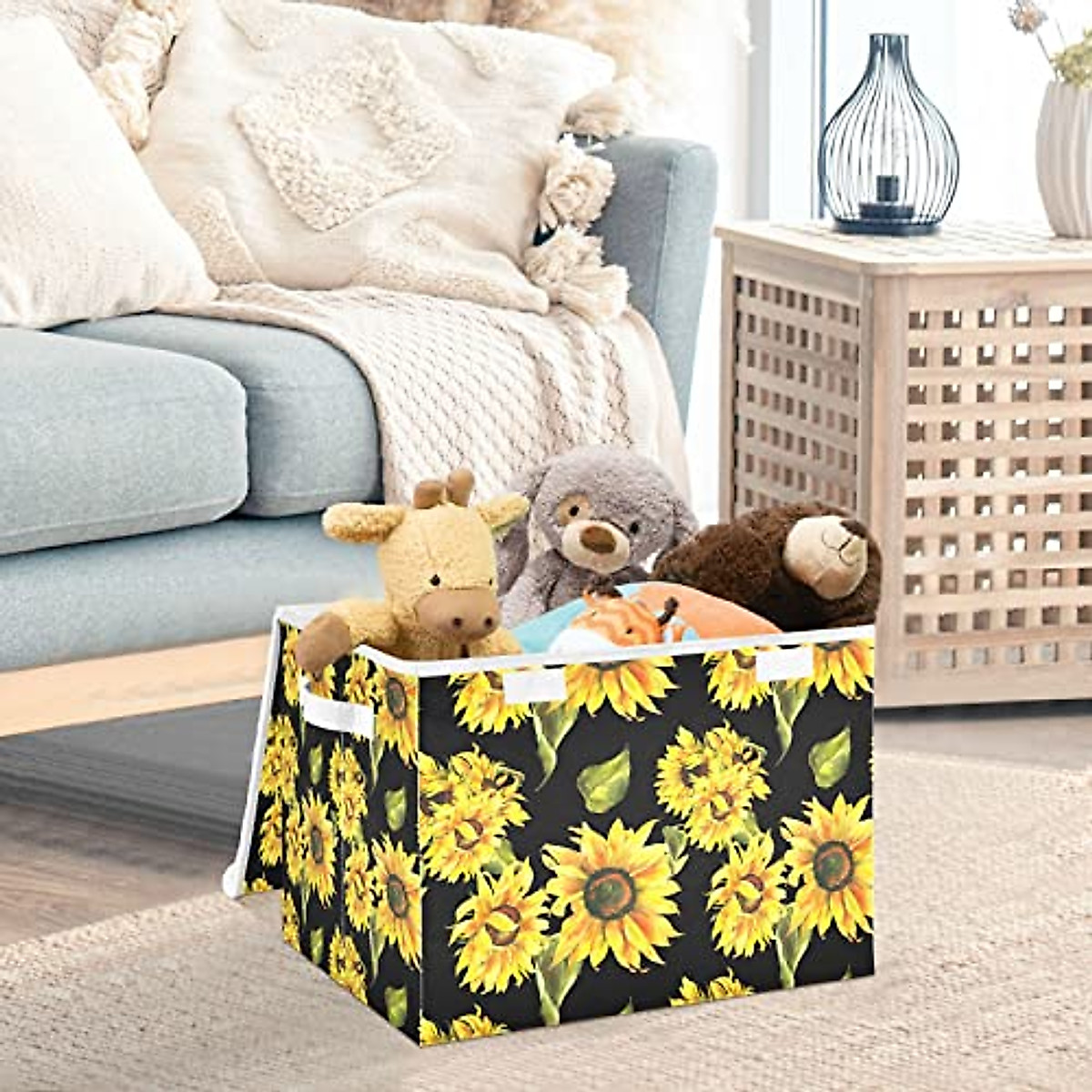 innewgogo Autumn Sunflower Storage Bins with Lids for Organizing Organizer Containers with Handles Oxford Cloth Storage Cube Box for Home