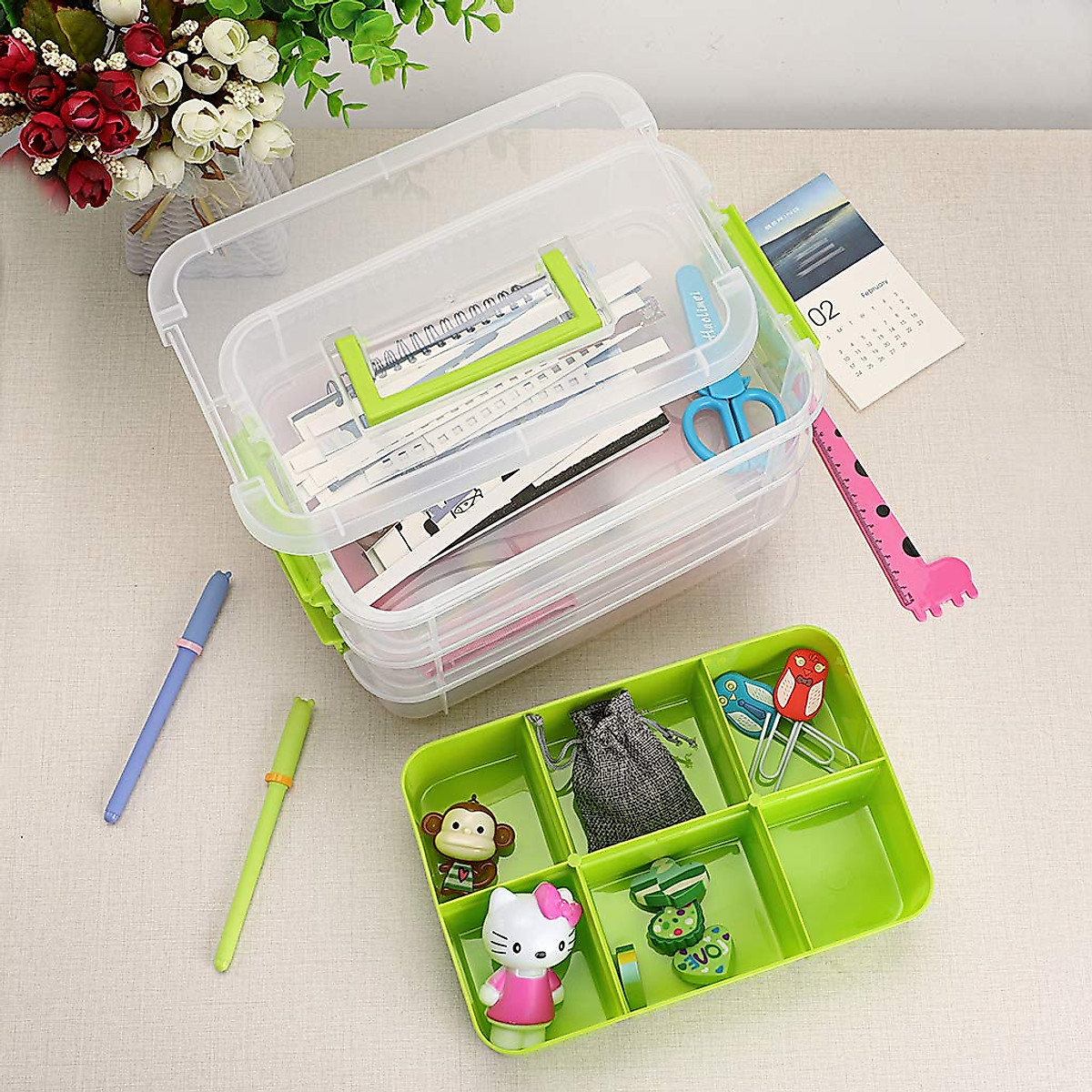 BTSKY 3 Layer Stack & Carry Box, Plastic Multipurpose Portable Storage Container Box Handled Organizer Storage Box with Removable Tray for Organizing Sewing, Art Craft, Supplies Green
