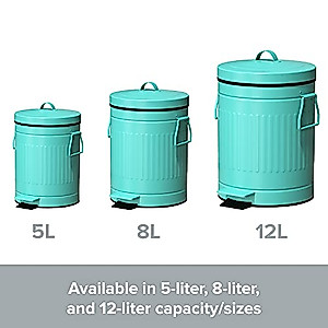 Trashaholic Retro 8L Round Metal Trash Can with Lid and Handles, Teal, 12-Inch